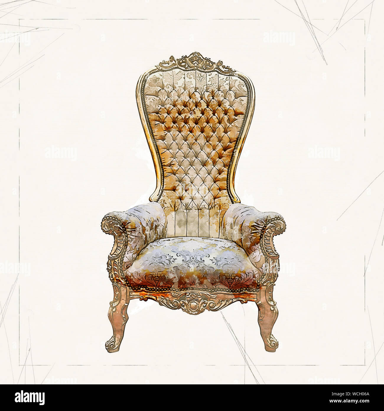 Digital illustration painting of a Elegant golden royalty throne. View ...