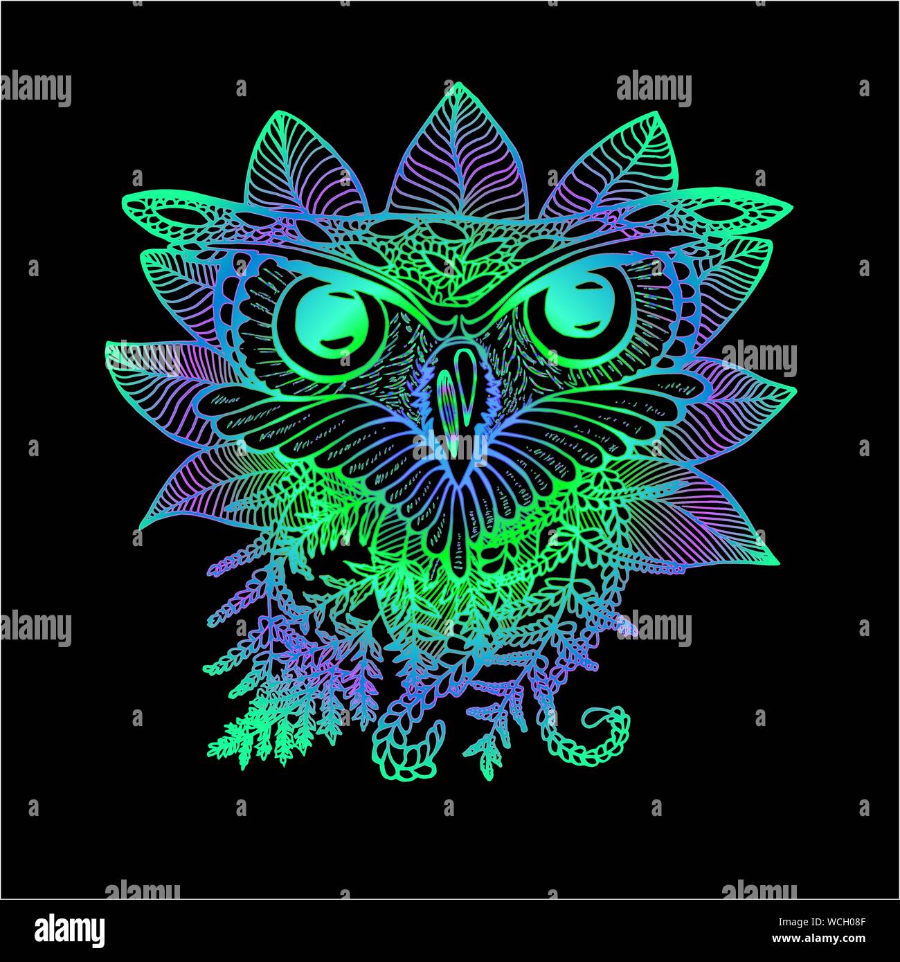 Neon illustration of an owl. Drawing of an owl and plants Stock Vector ...