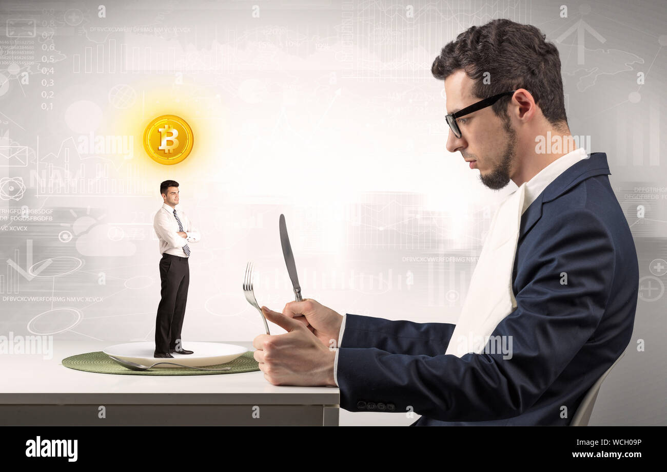 Giant businessman eating small man with financial background Stock ...