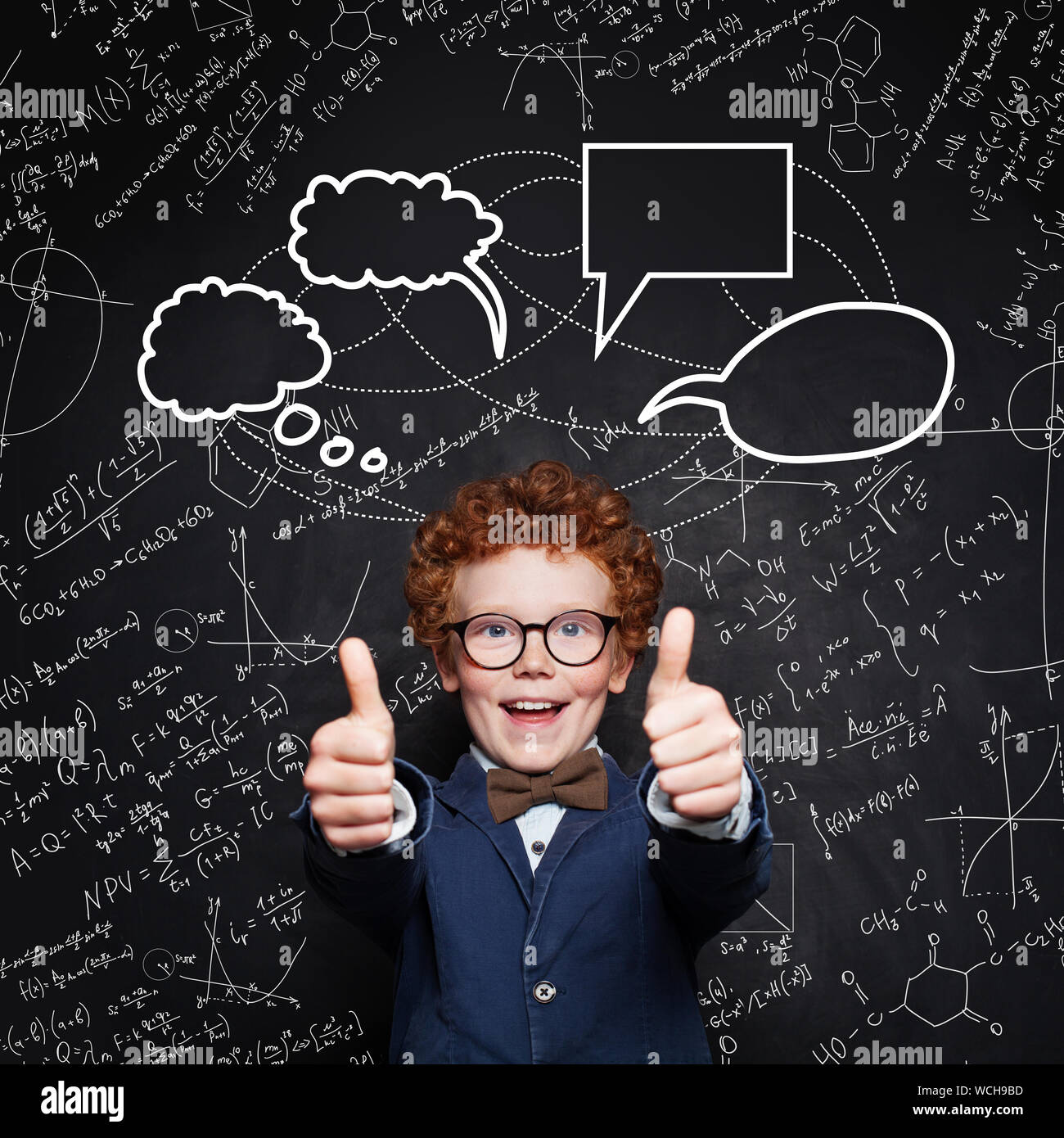 Happy smart child student on blackboard background with science and ...