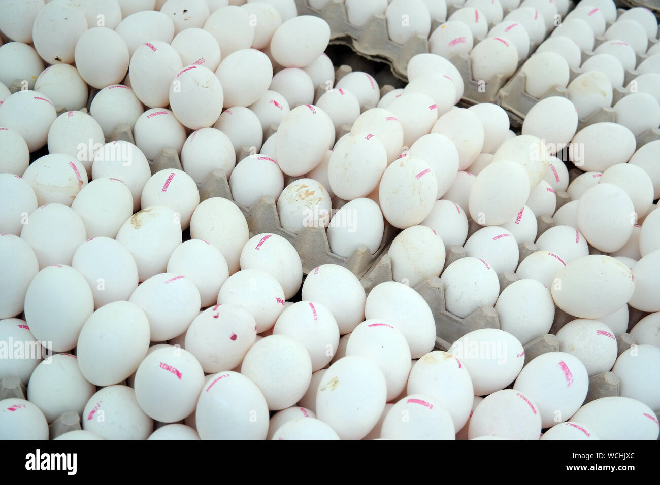 Chicken eggs in carton box. background of fresh eggs for sale at a ...