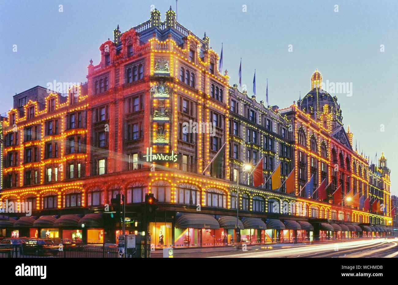Illuminated Facade Of The Harrods Brompton Road High Resolution Stock ...