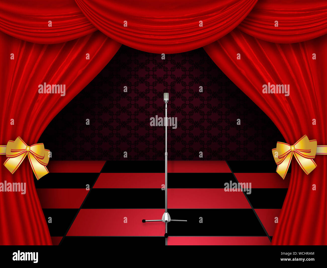 Illustration of red checkered floor with curtain background and retro ...