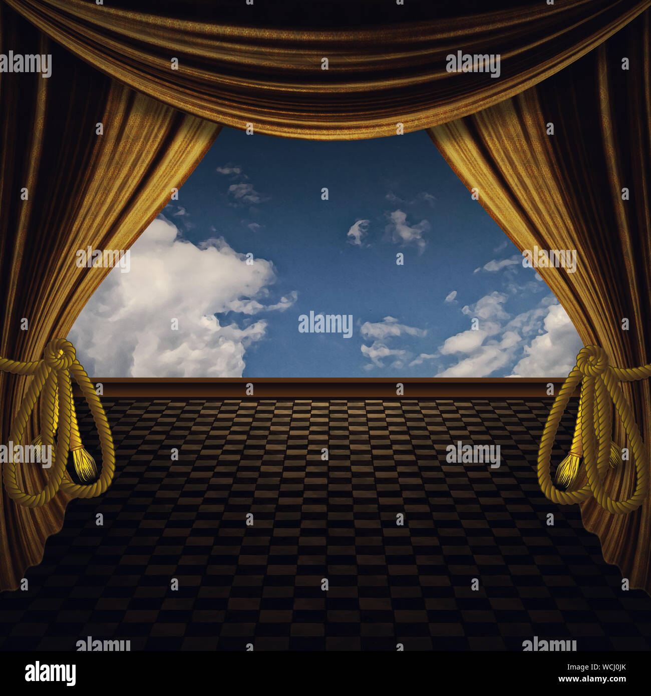 Theater stage with open golden curtain and floor Stock Photo - Alamy