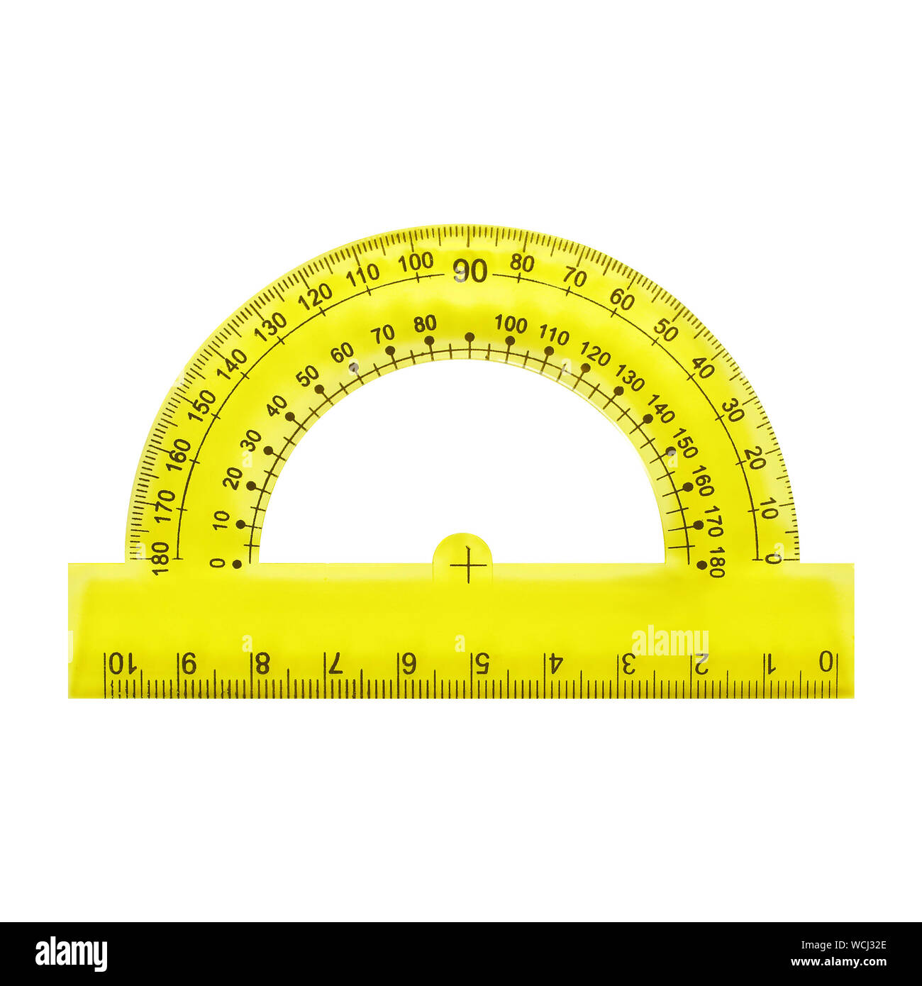 Science and education - Yellow protractor isolated on a white ...