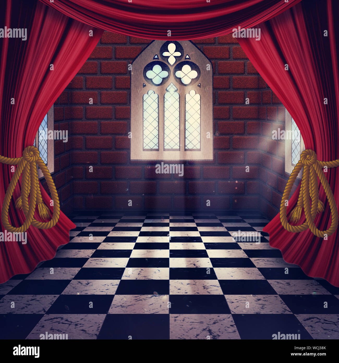 Room with opened drapes, curtains and gothic window background Stock ...