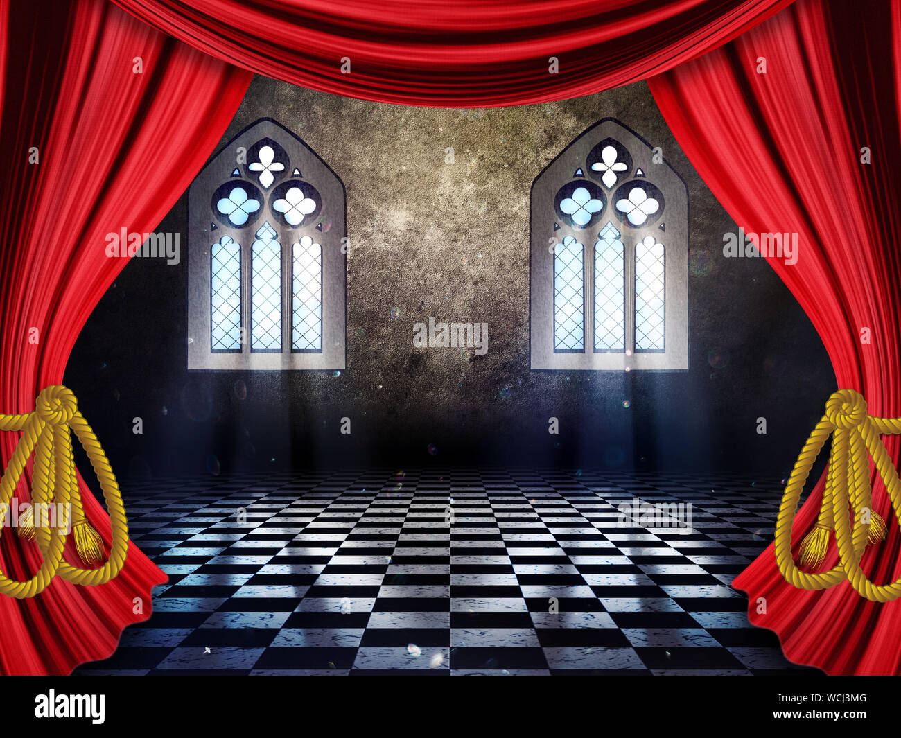 Room with opened drapes, curtains and gothic window background Stock ...