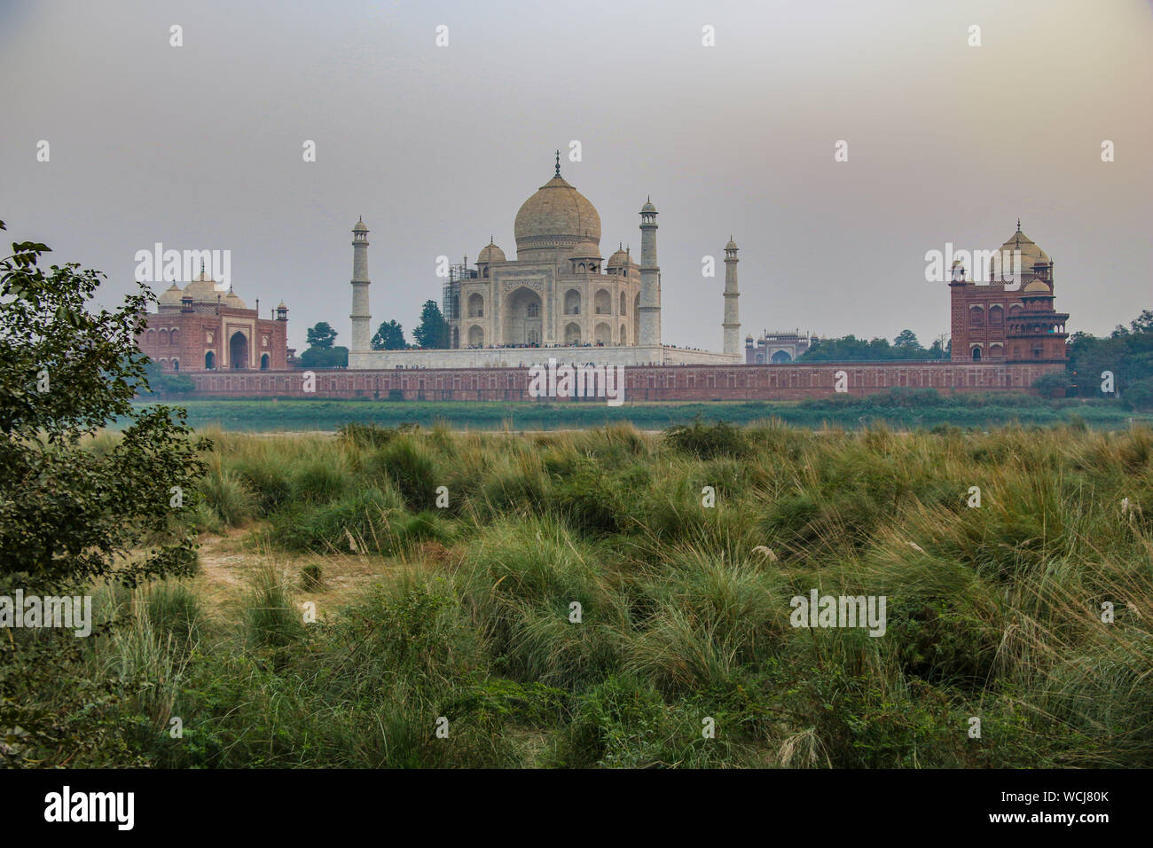 View of the iconic Taj Mahal, from River Park across the Yamuna River ...