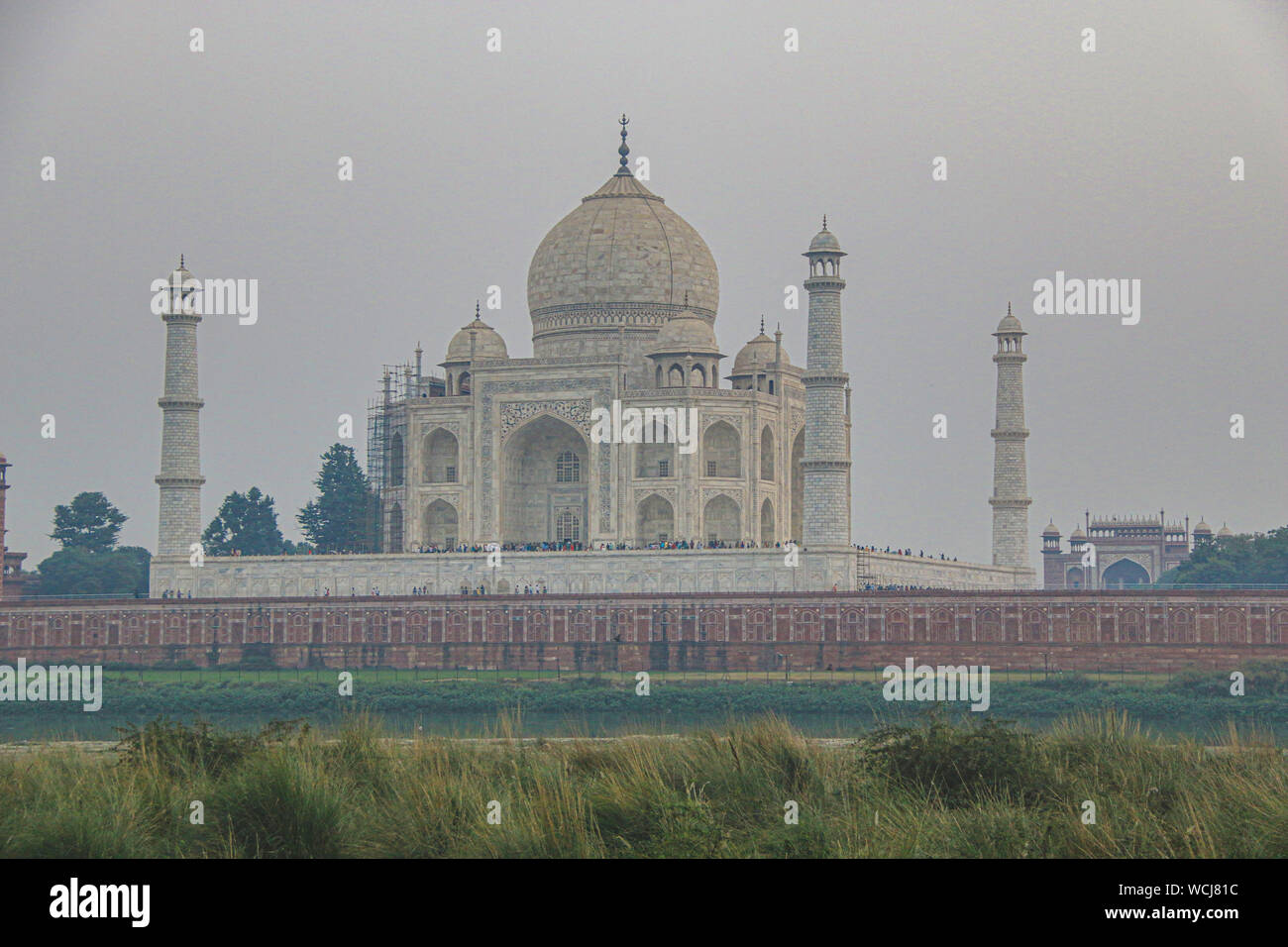View of the iconic Taj Mahal, from River Park across the Yamuna River ...