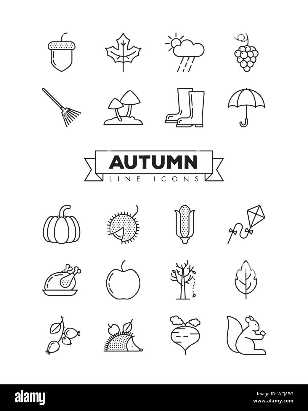 Autumn line icons set. Collection of fall related objects, plants and ...
