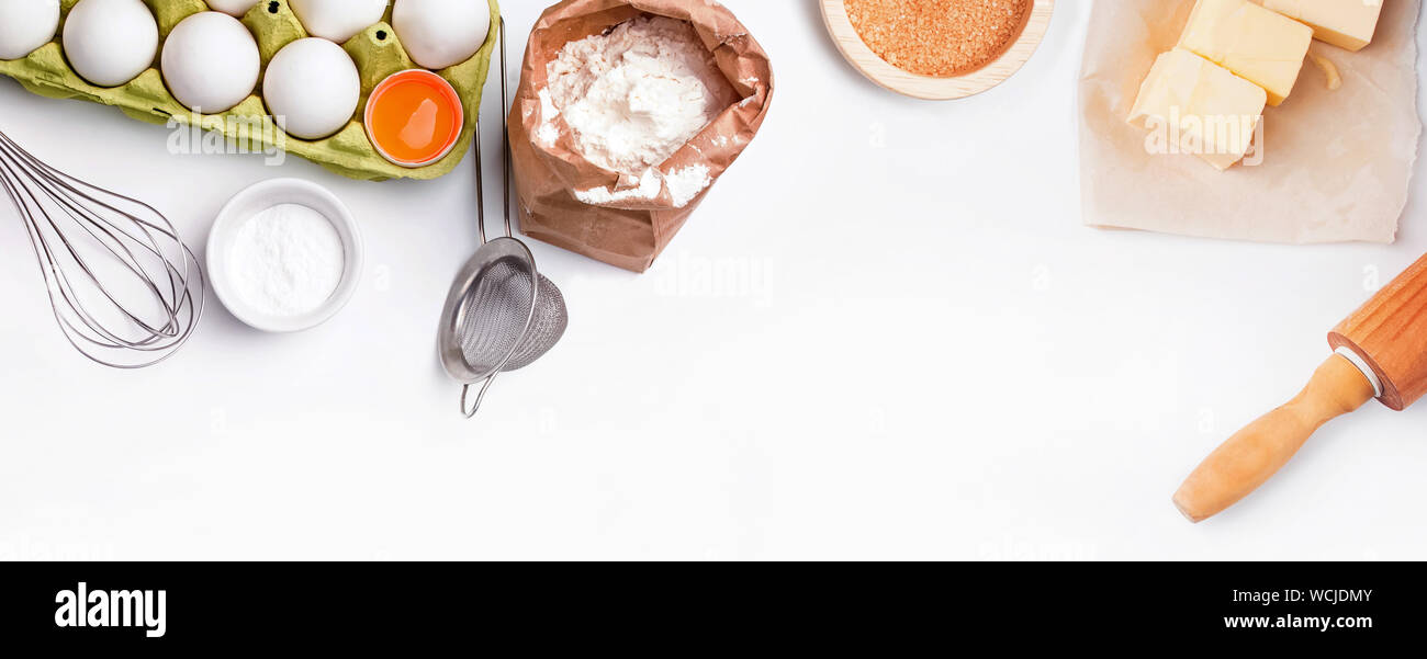 Baking process banner with place for text. Tools and ingredients for ...