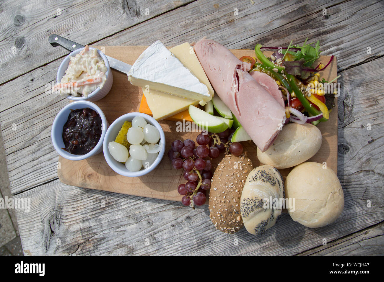 Ploughmans Lunch on Table with Diagonal Slant Stock Photo - Alamy