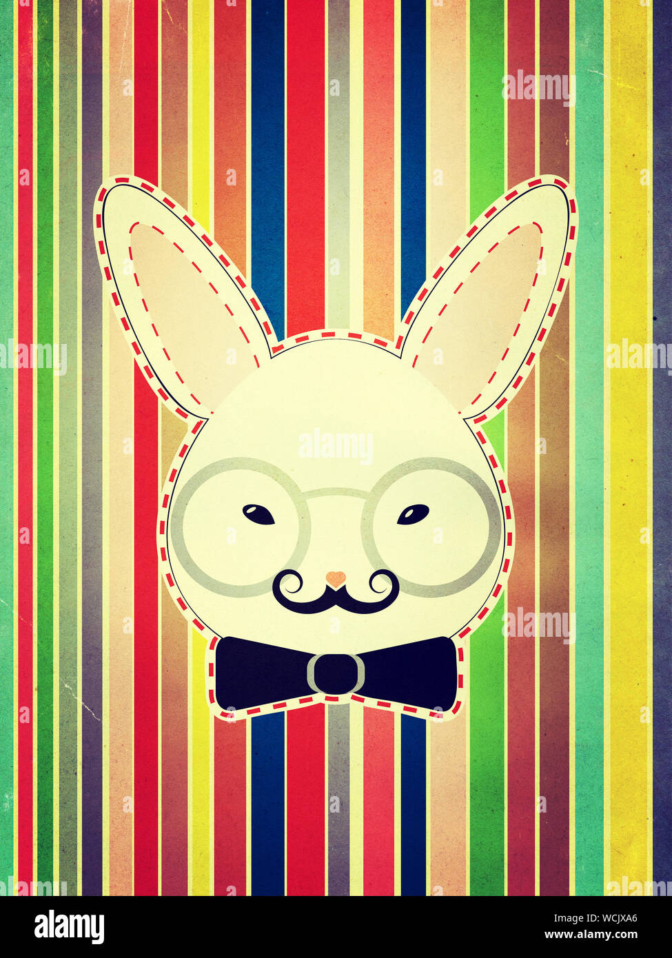 Stylized decorative white rabbit head with black bow and glasses ...