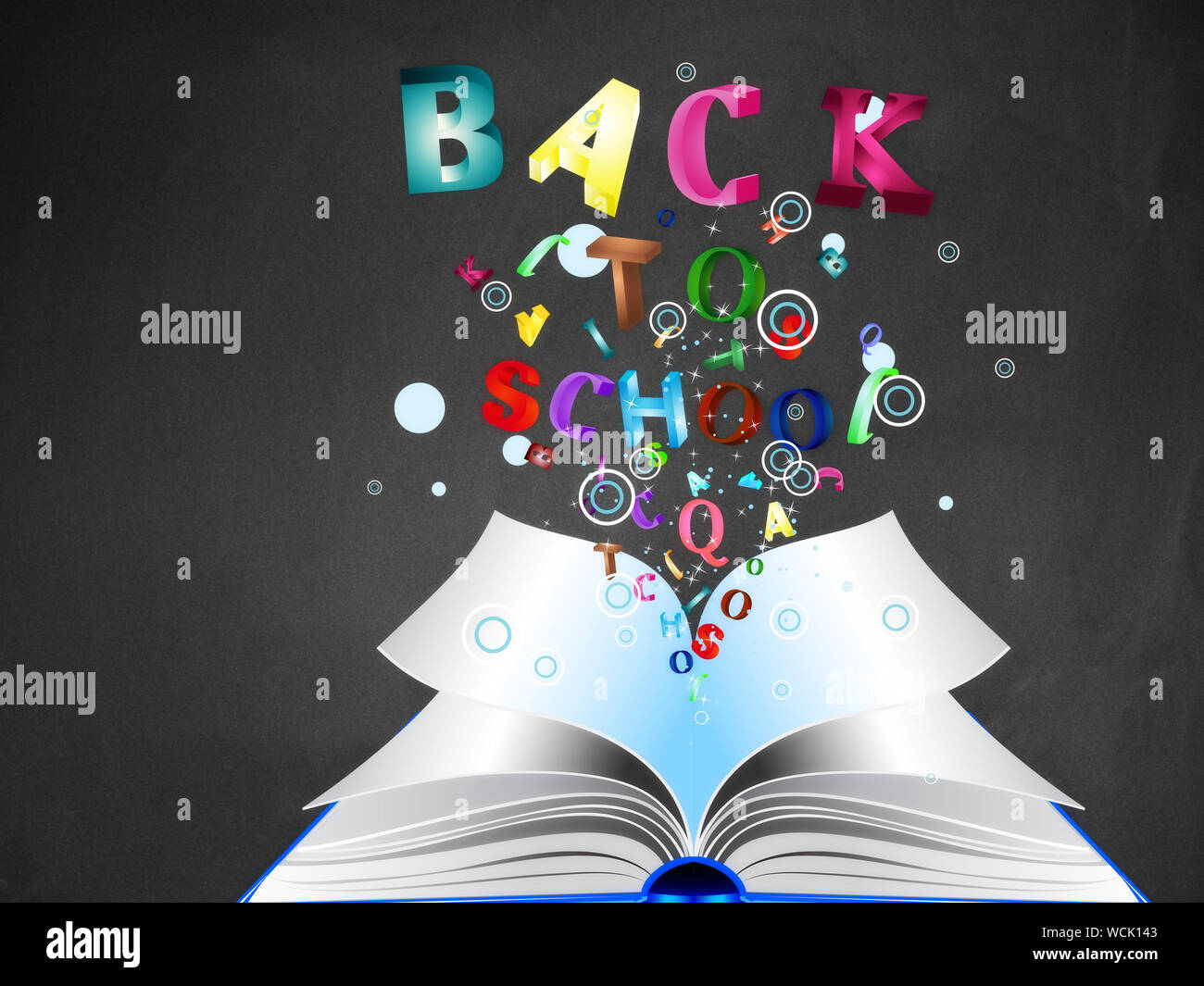 Opened book with colorful letters bursting out of it on blackboard ...