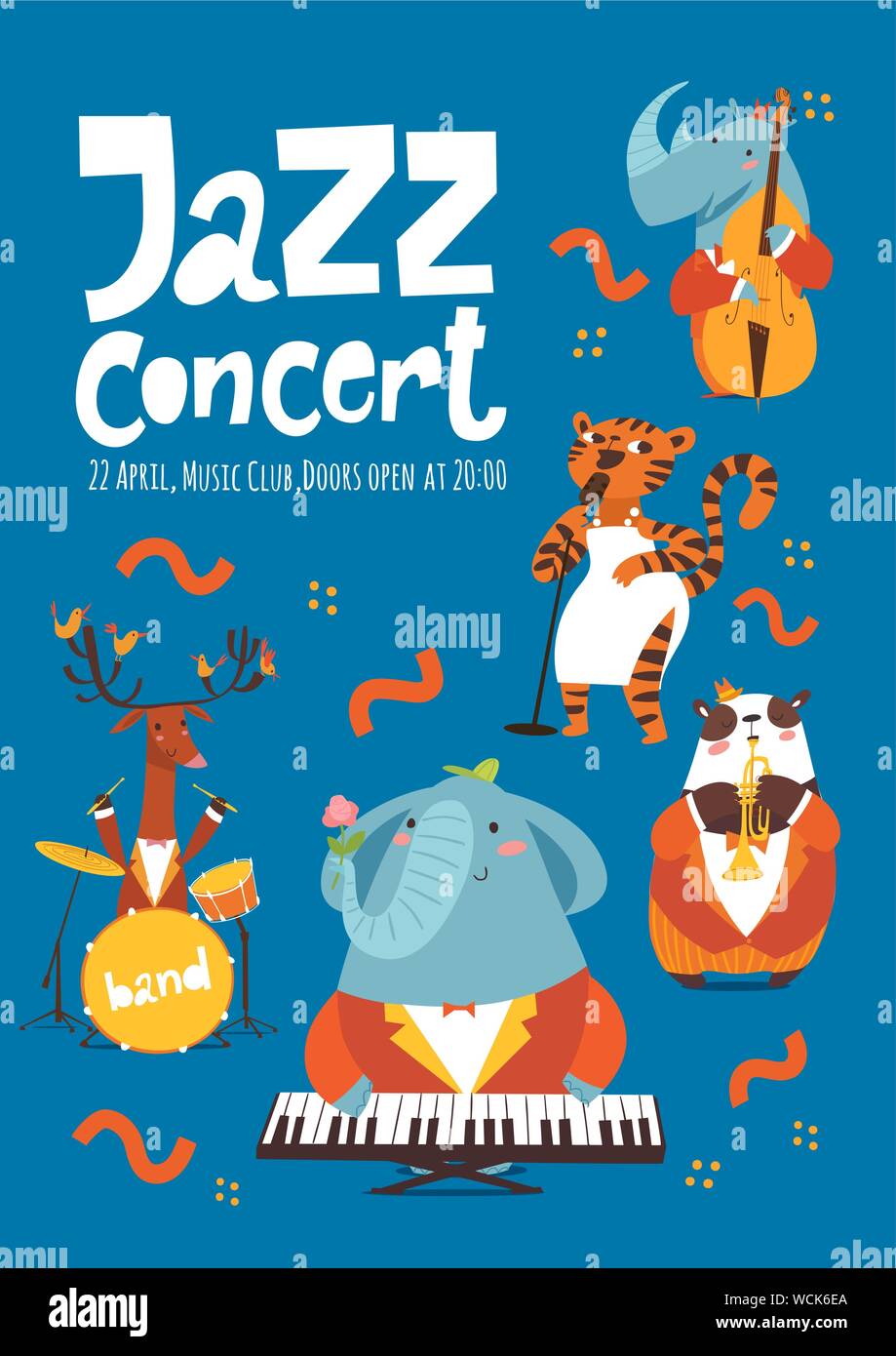 Jazz music poster design with cartoon animals playing music instruments ...