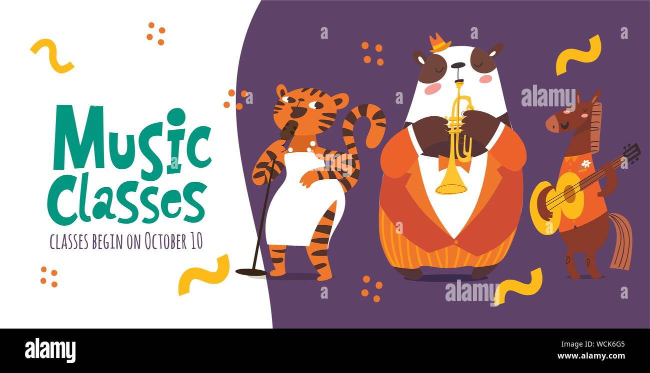 Vector music classes advertisement flyer or poster design with animals ...