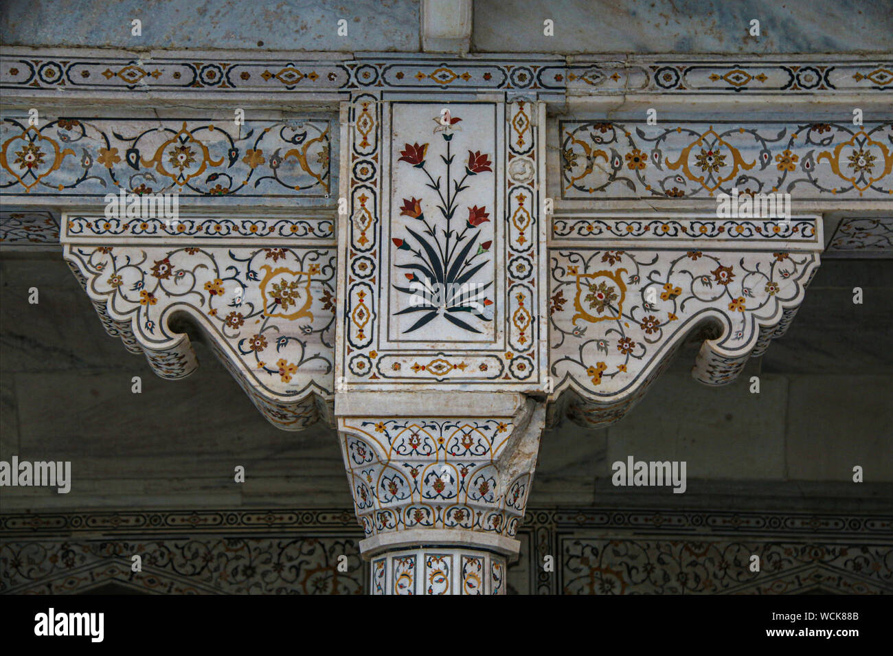 Beautiful pietra dura inlay in marble at the top of a pillar at the Red ...