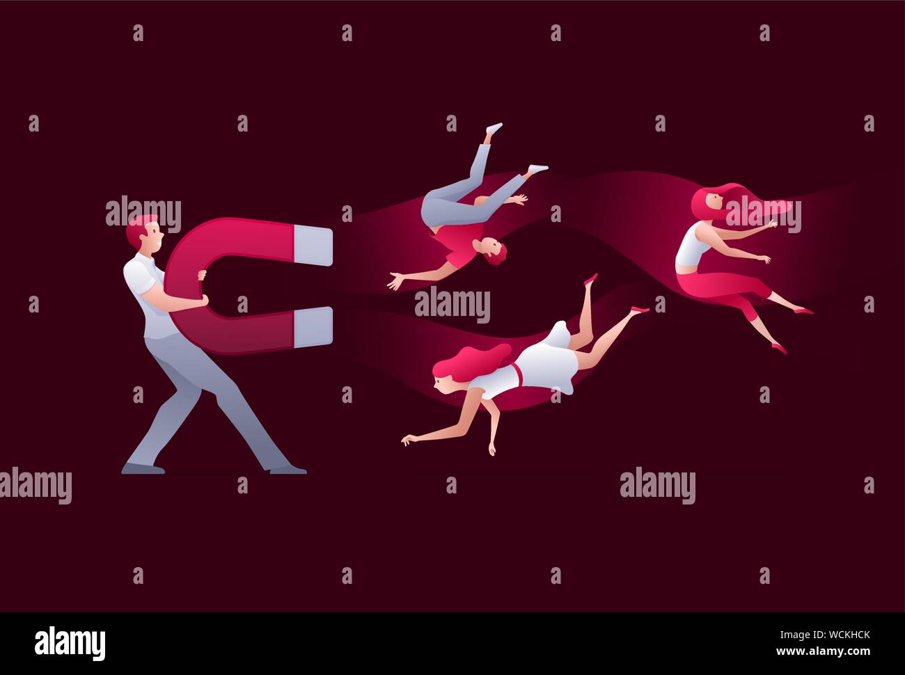A man attracts people with a big magnet. Vector concept illustration ...