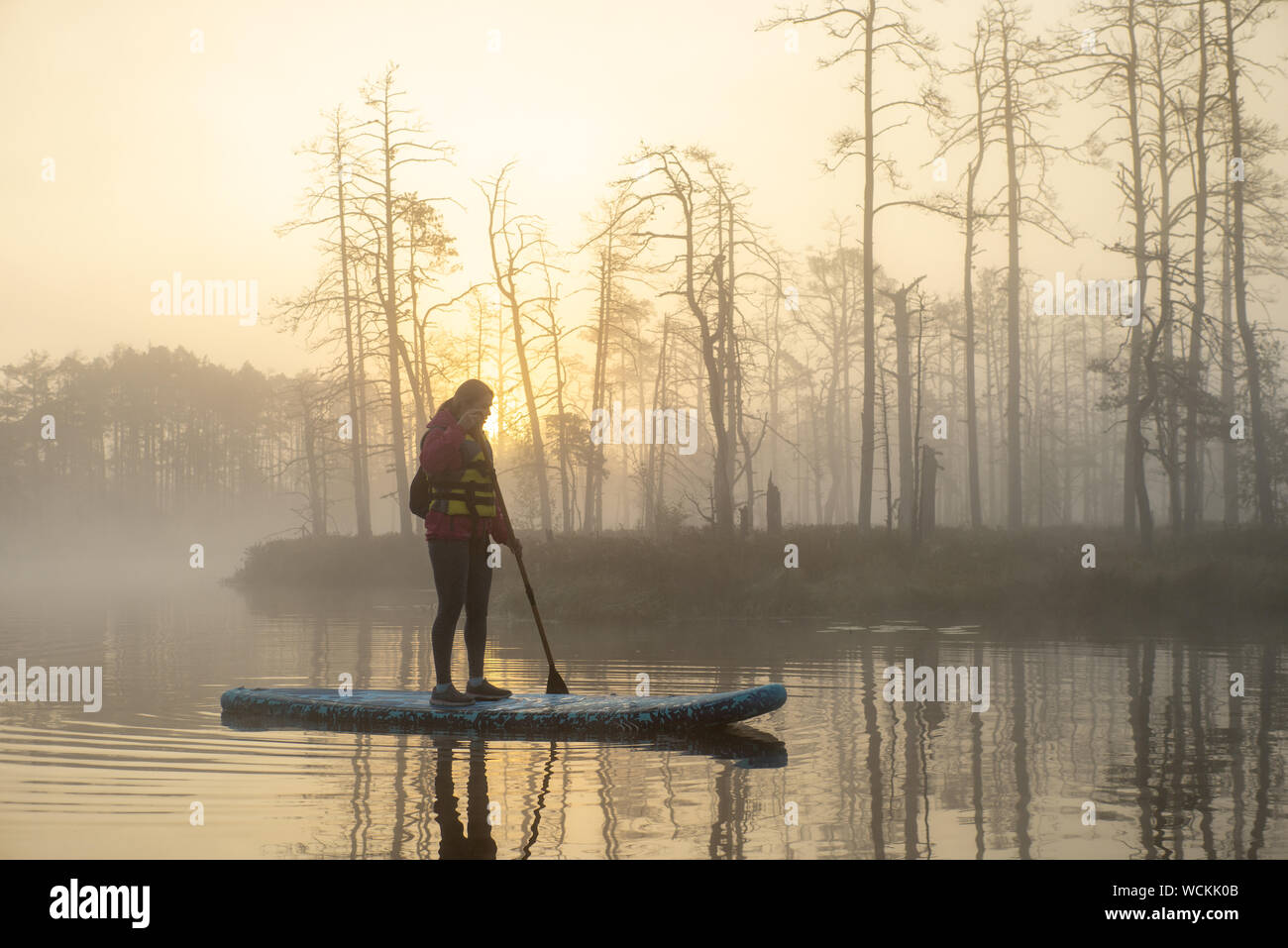 Atmospheric landscape. Fog over swamp. Sup-boarding Stock Photo - Alamy
