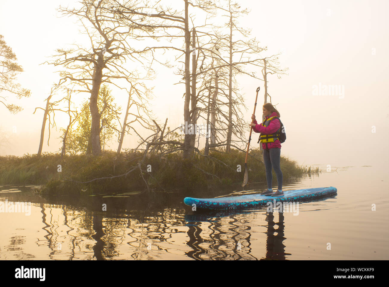 Atmospheric landscape. Fog over swamp. Sup-boarding Stock Photo - Alamy