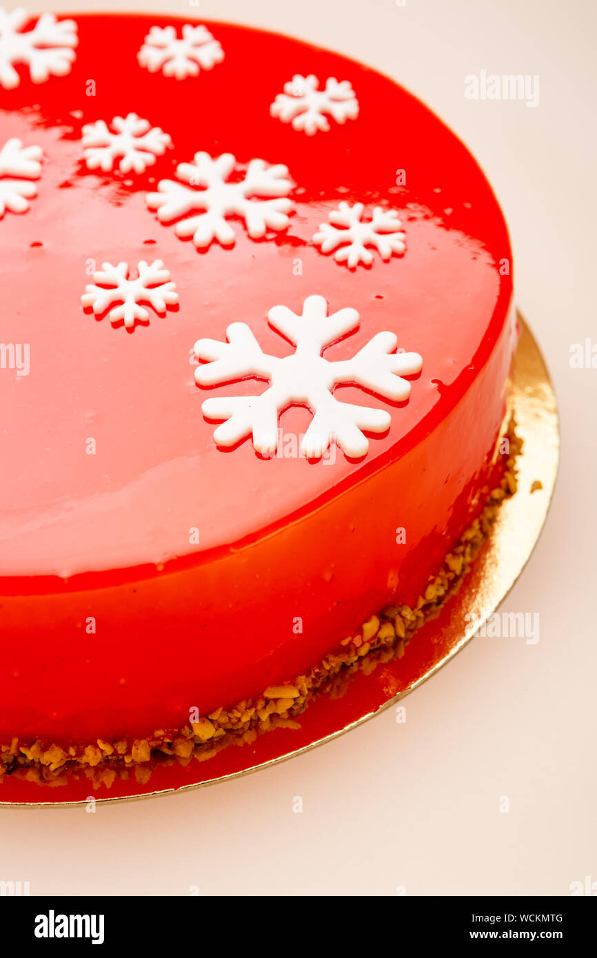 Red mousse cake with christmas decoration Stock Photo - Alamy