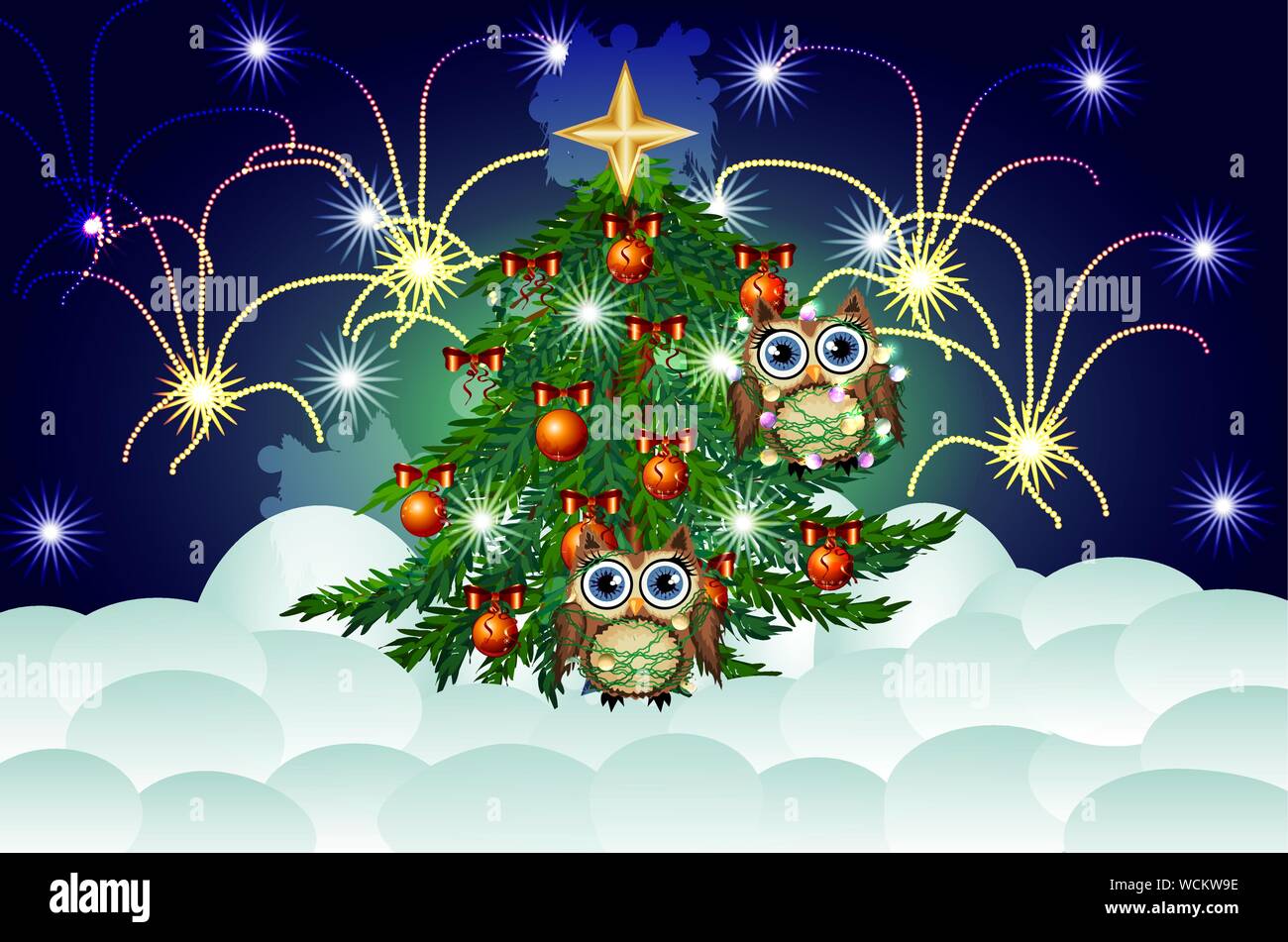 lovely brown owls around the decorated with balls and the lights of a ...