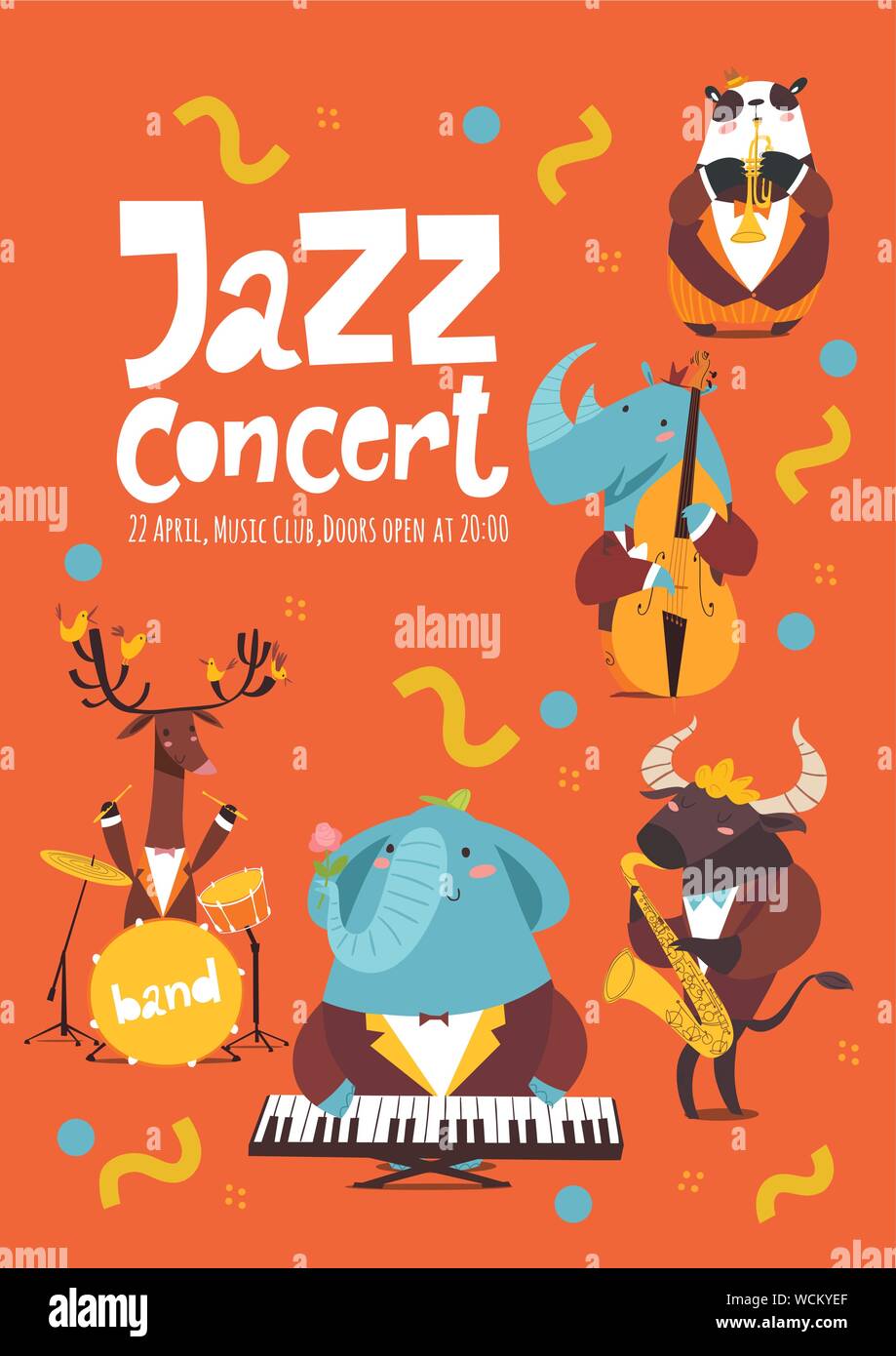 Jazz music poster design with cartoon animals playing music instruments ...