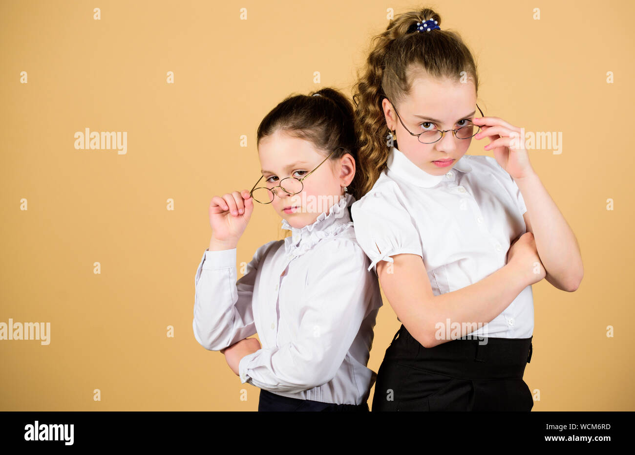 back to school. study concept. smart small girls at lesson. small girls ...