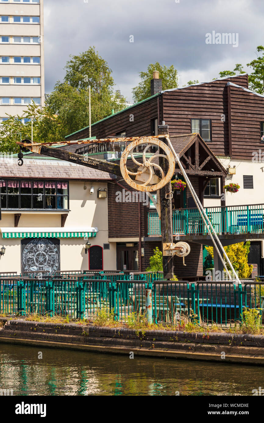 The Flapper, canalside pub and music venue, outside is a historic crane ...