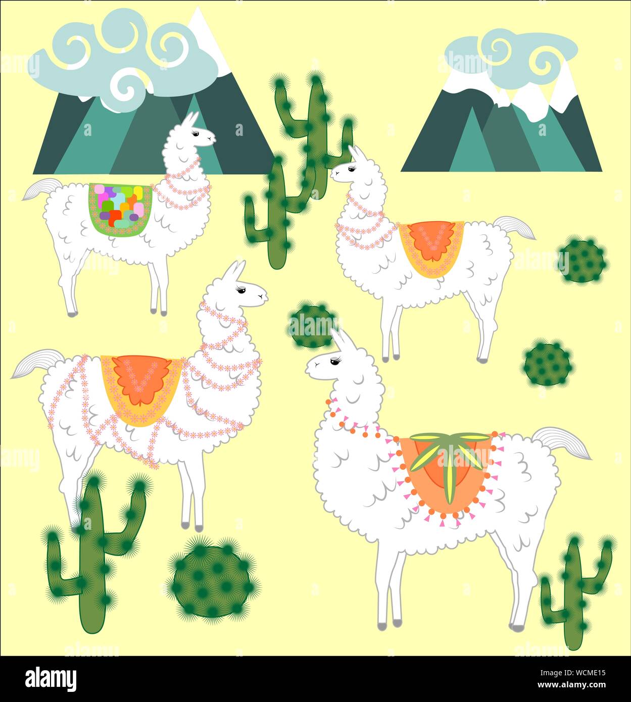 Four Llama, alpaca of white color, with bright saddles against the ...