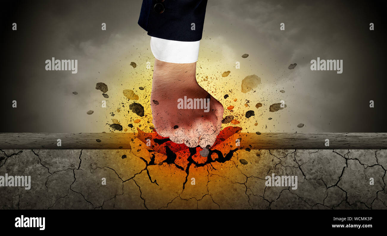Big hand hits intense and breaks a crass stonewall Stock Photo - Alamy