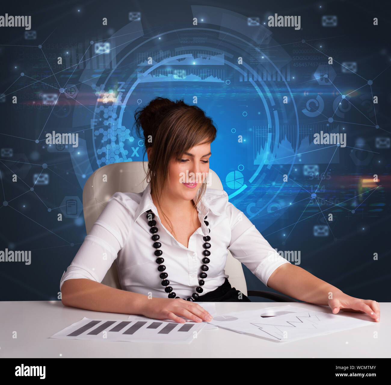 Manager in front of the office desk with connections and teamwork ...