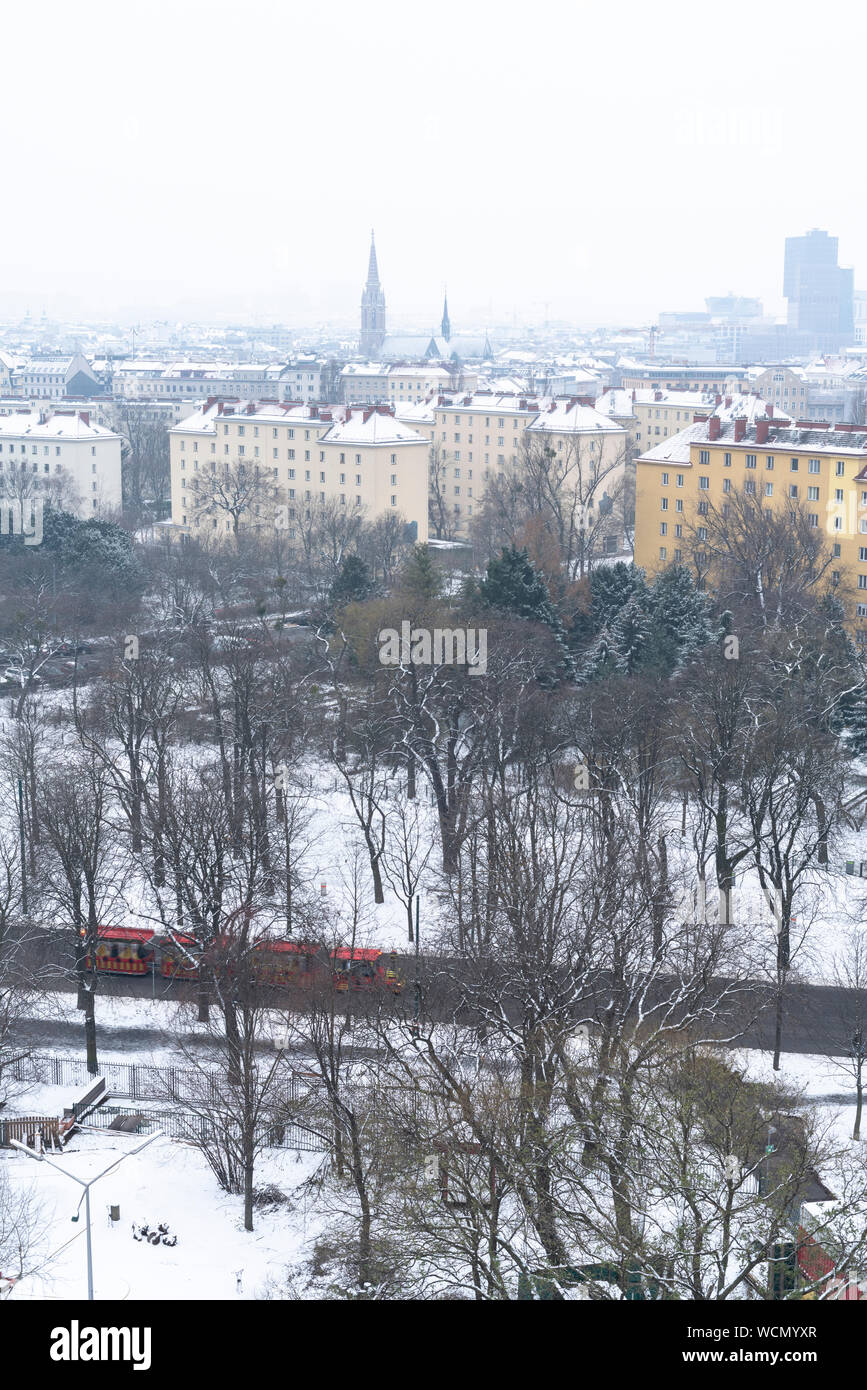 The Prater amusement park covered with snow from above, Vienna, Austria ...