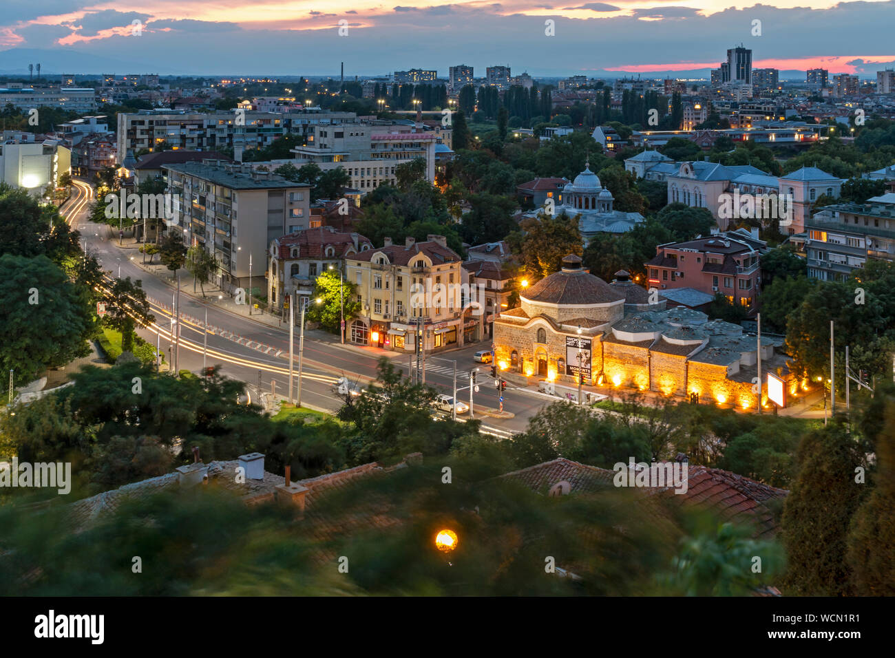 PLOVDIV, BULGARIA - AUGUST 3, 2019: Night Panoramic cityscape of ...