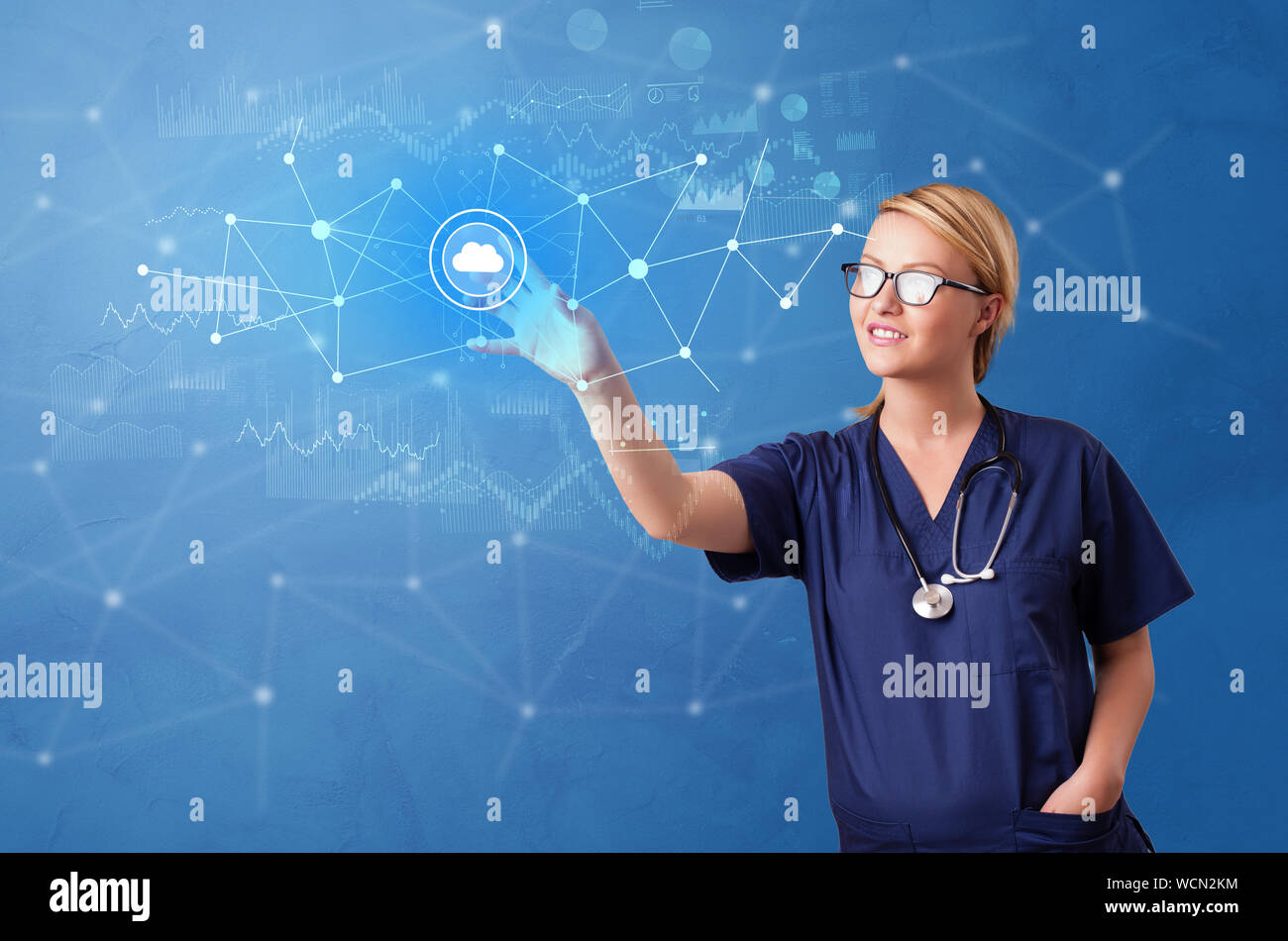 Doctor touching blue screen with virtual hospital concept Stock Photo ...