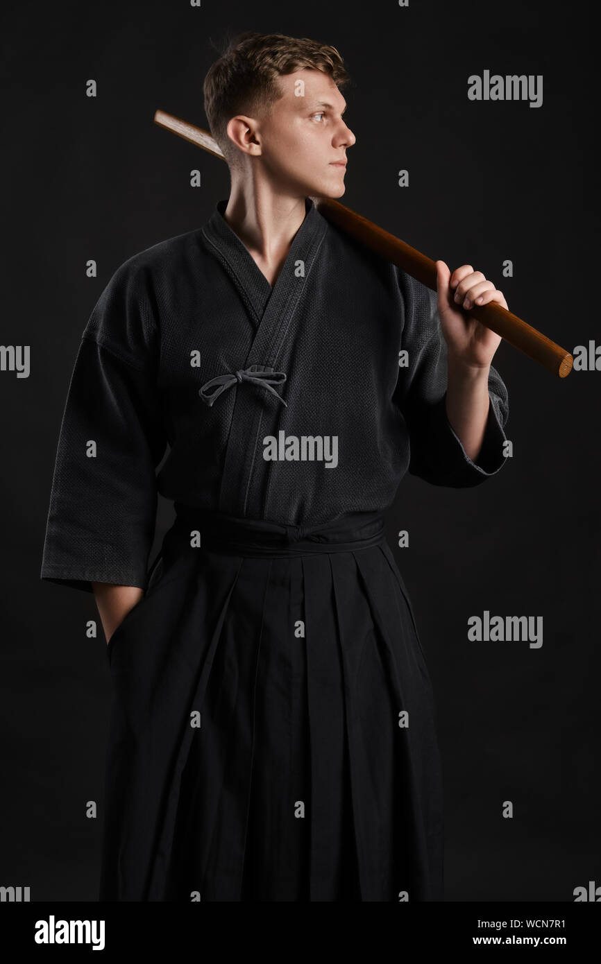 Skillful Kendo master wearing in a traditional japanese kimono is ...