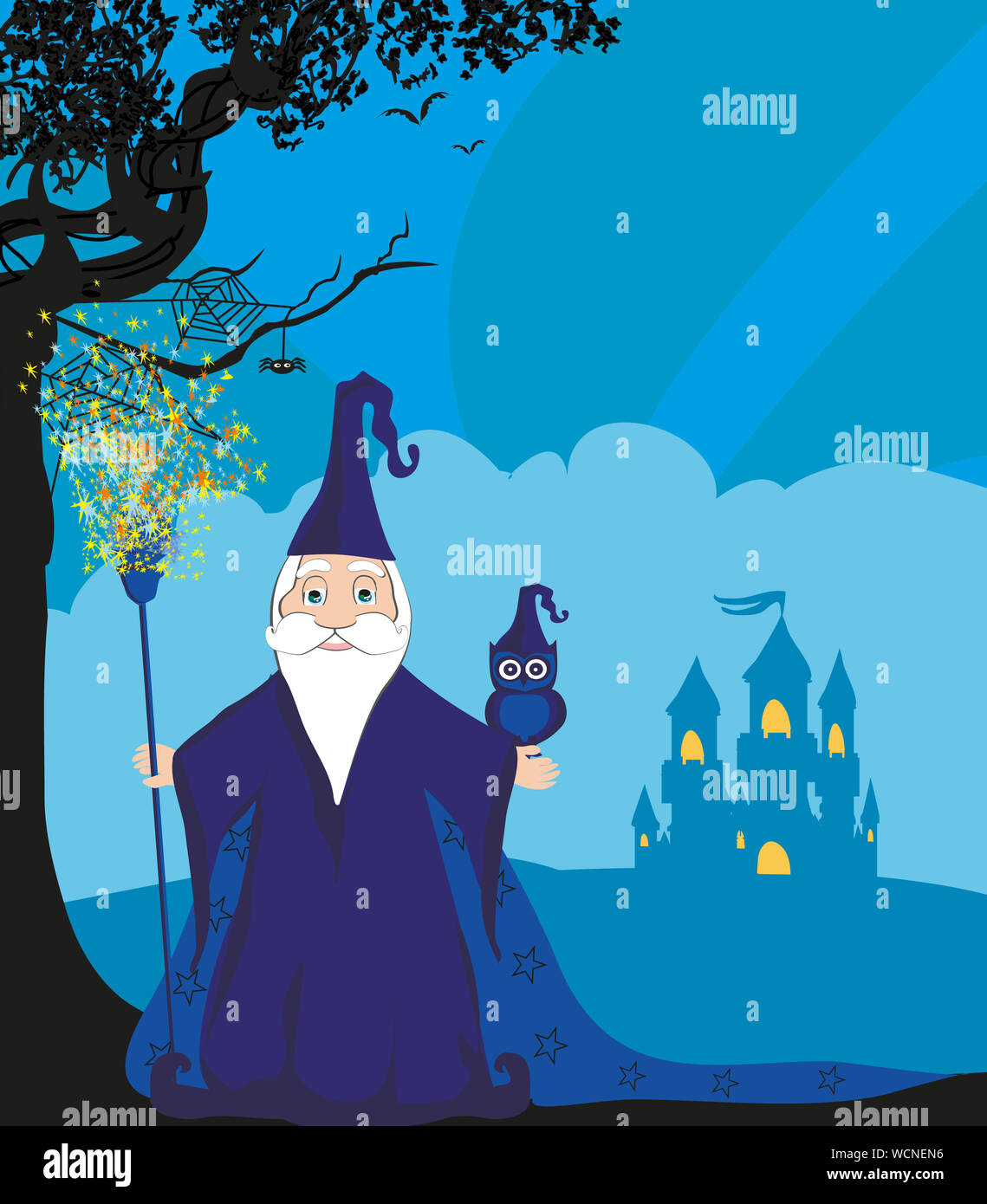 Cartoon Wizard with owl Stock Photo - Alamy