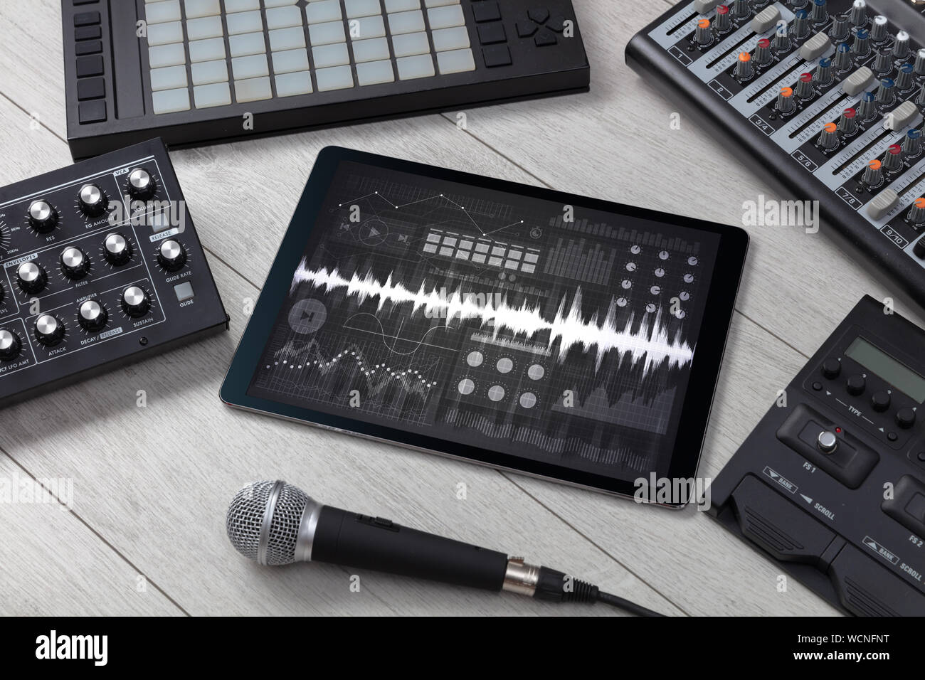 Music instruments and tablet with recording sound concept Stock Photo ...