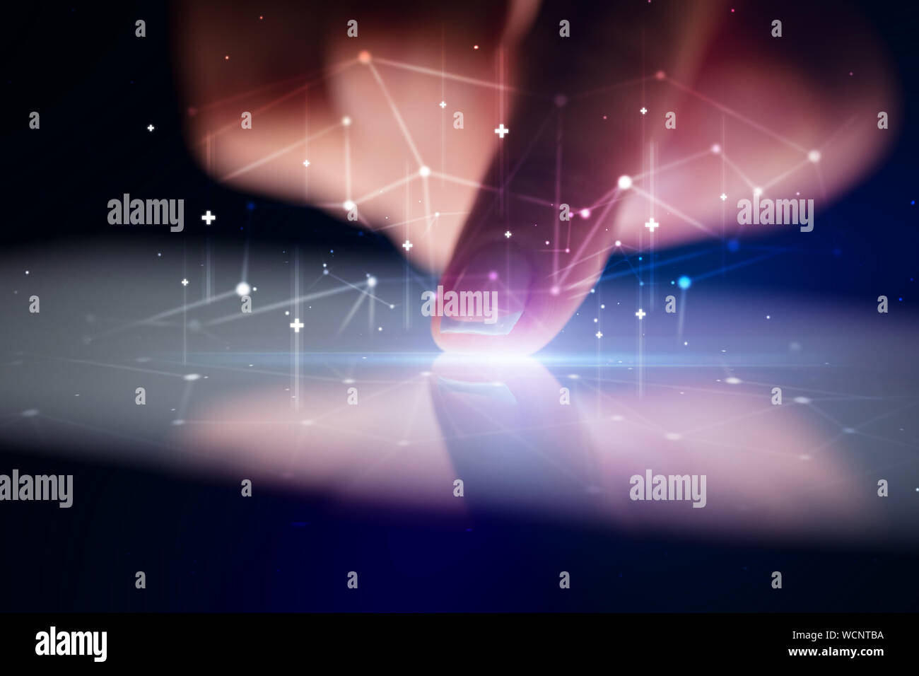 Finger touching tablet with global network concept and dark background ...