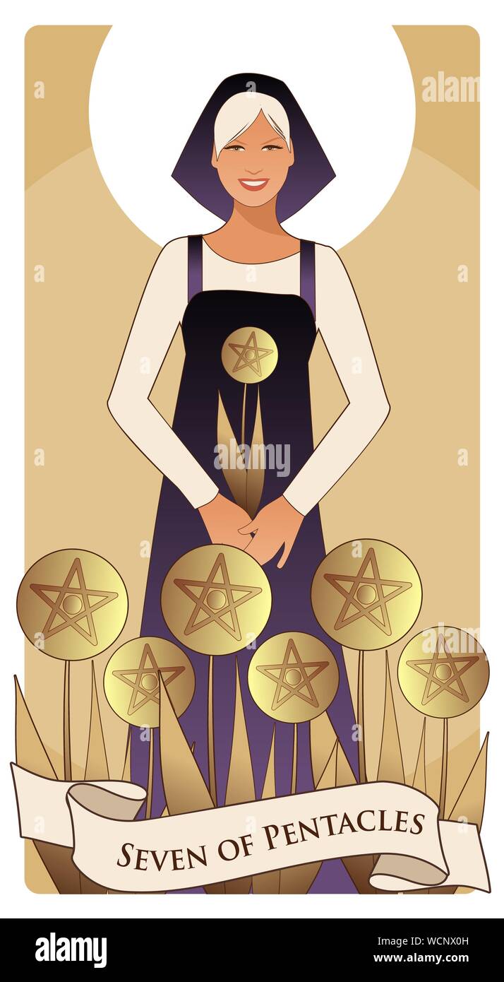 Seven of pentacles. Tarot cards. Beautiful worker collecting a harvest ...