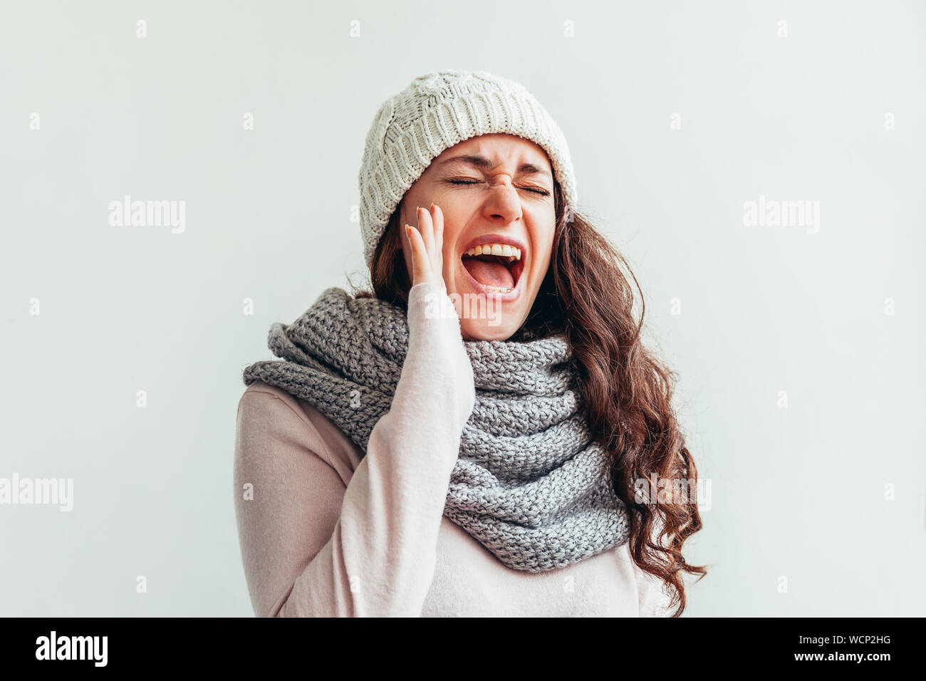Beautiful woman winter portrait, true emotions. Laughing girl with long ...