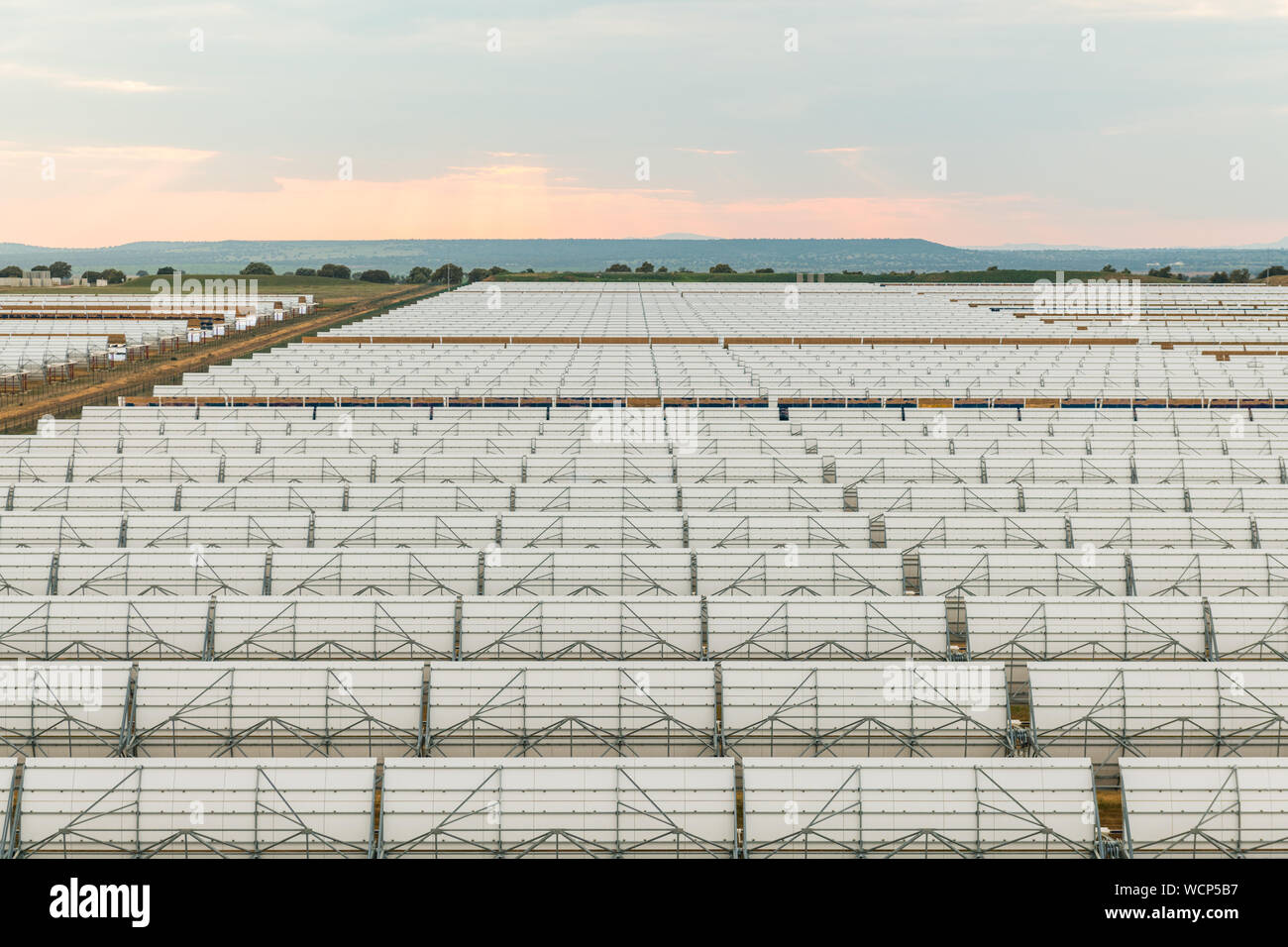 View of the concentrators and solar panels of the solar thermal power ...