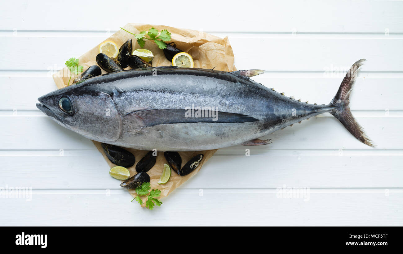 Fresh fish. Whole tuna on white wooden background accompanied by ...
