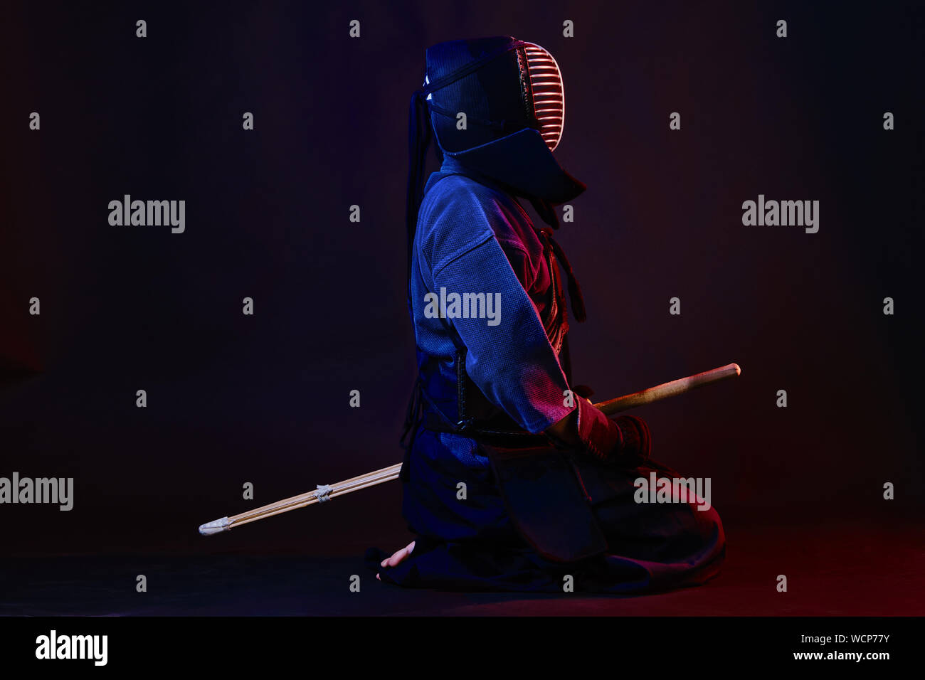 Close up shot, Kendo fighter wearing in an armor, traditional kimono ...