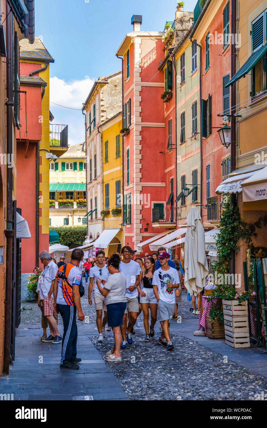 Portofino, Italy - AUGUST 15, 2019: People walking along small strees ...