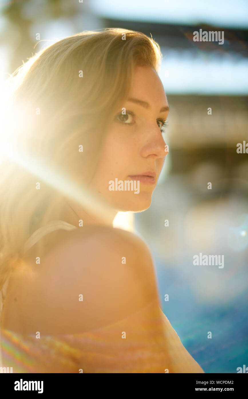 Woman standing swimming pool day hi-res stock photography and images ...