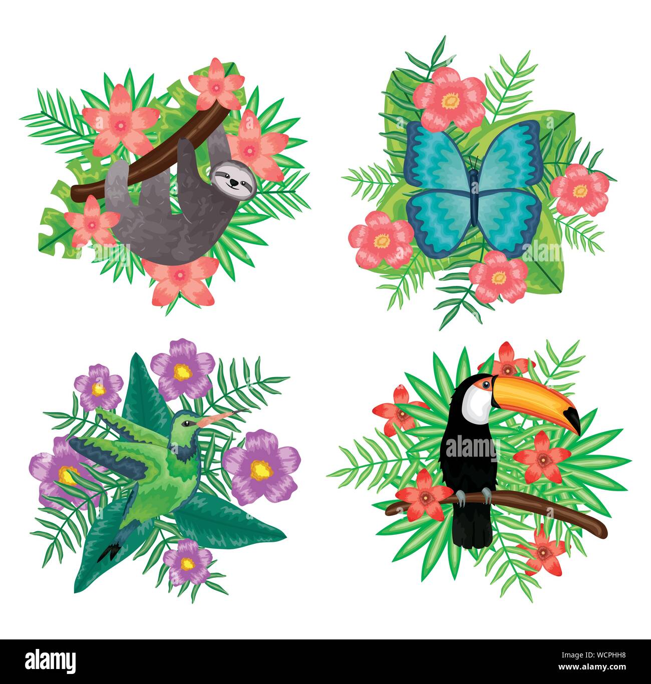 set of beautiful animals with tropical floral decorations vector ...