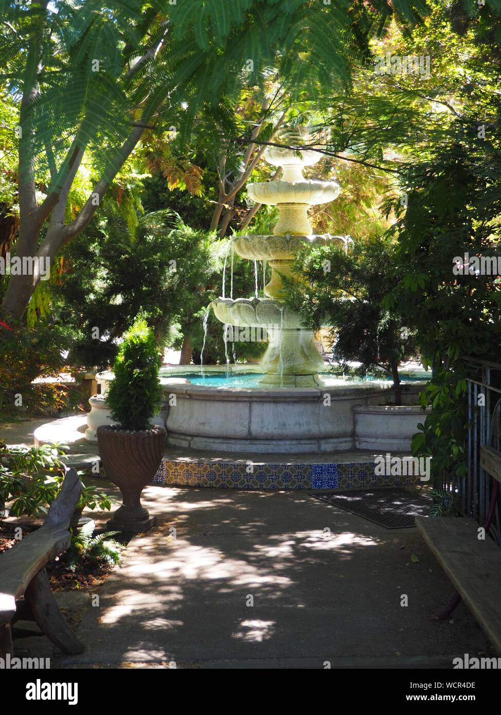 Multi tiered fountain with sun dappled water in lush green urban ...