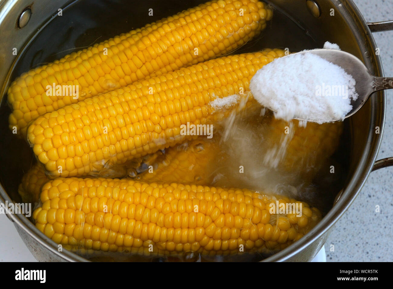 Bright juicy yellow corn, which is boiled in boiling water on the stove ...