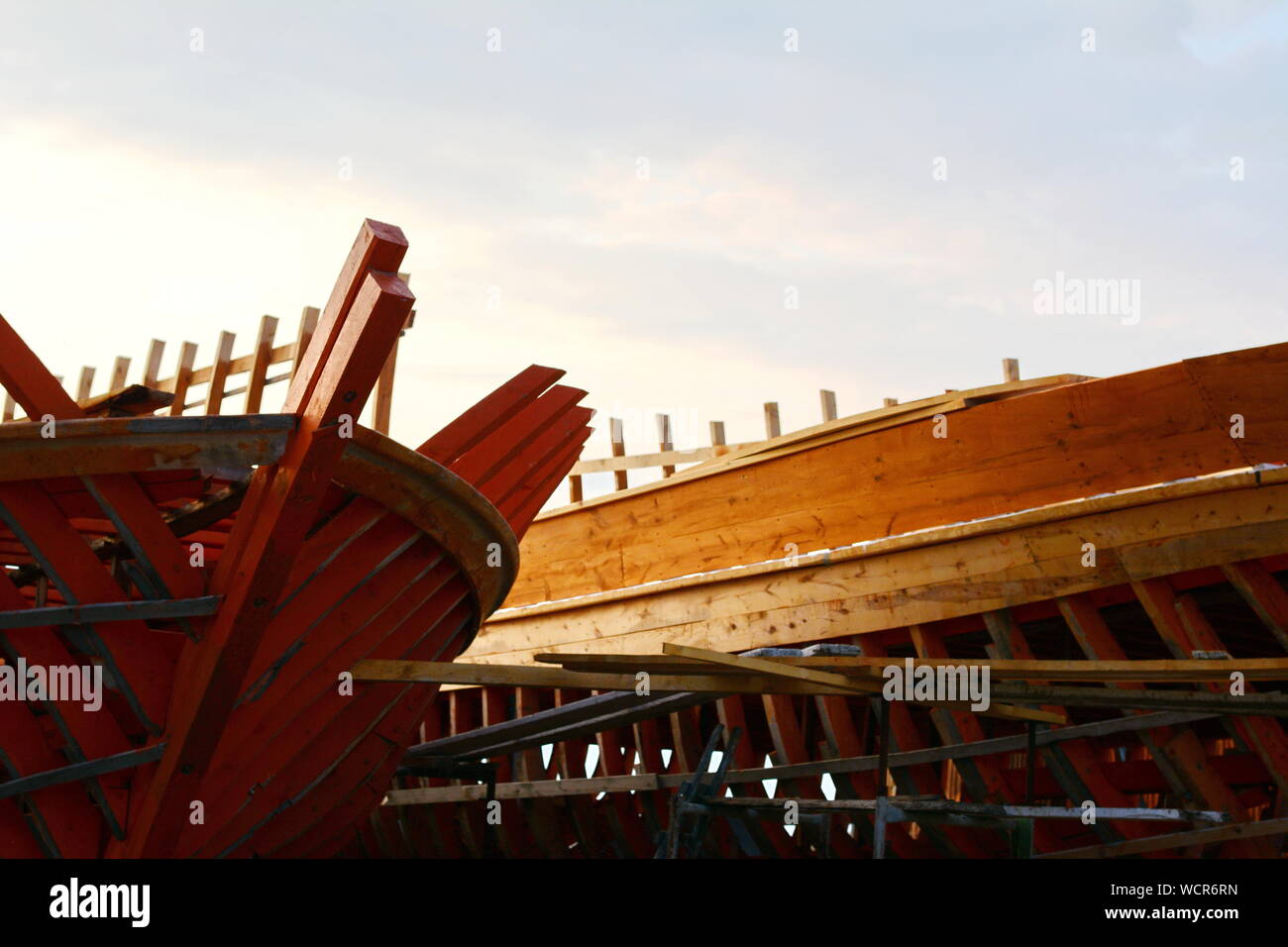 Construction of a ship in Ierissos, Greece. Little shipyard of wooden ...